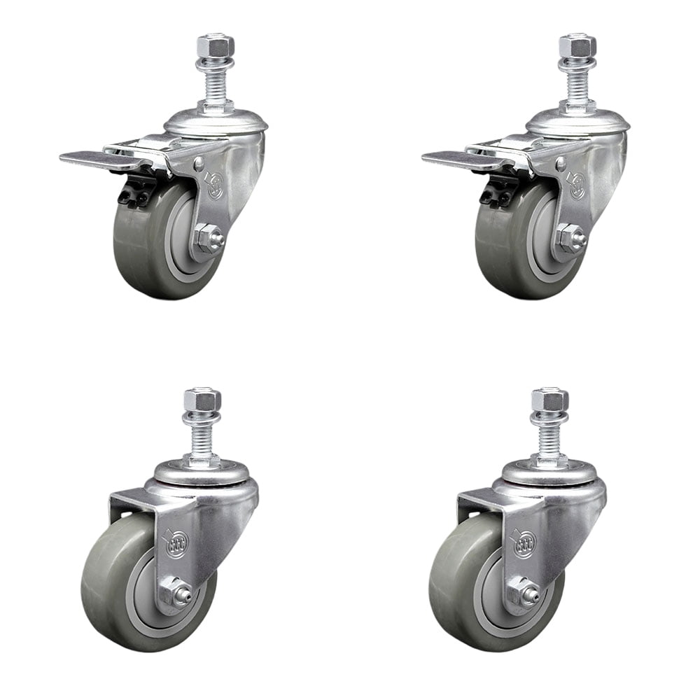 3 Inch Gray Polyurethane Swivel 12mm Stem Caster Set 2 Total Lock Brake ...