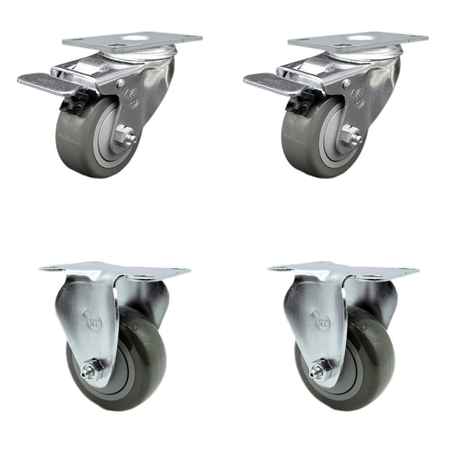 3 Inch Gray Polyurethane Swivel Top Plate Caster Set 2 Lock Brakes 2 ...