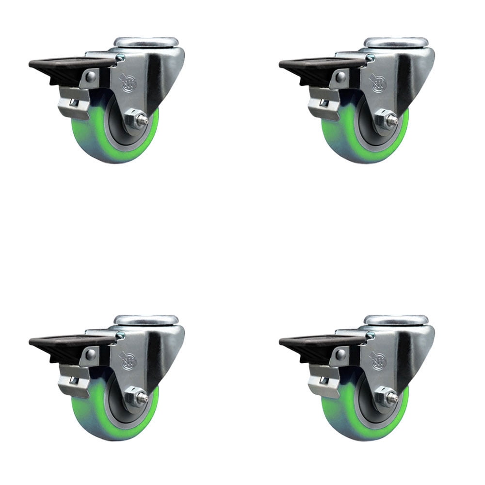 3 Inch Green Poly Wheel Swivel Bolt Hole Caster Set with Posi Lock ...