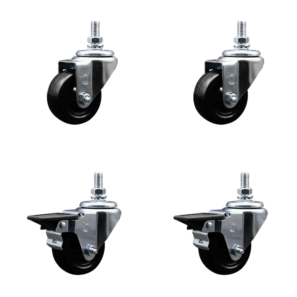 3 Inch Hard Rubber 10MM Threaded Stem Caster Set 2 Brakes SCC - Walmart.com