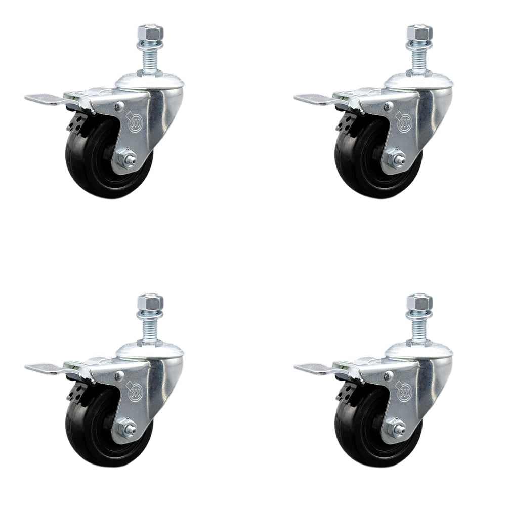 3 Inch SS Hard Rubber Swivel 3/8 Inch Threaded Stem Caster Set Total ...