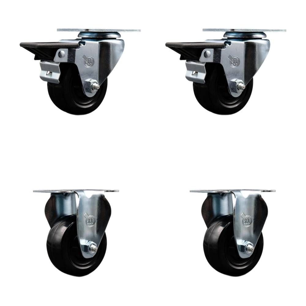 3 Inch Hard Rubber Wheel Swivel Top Plate Caster Set with 2 Posi Brakes ...