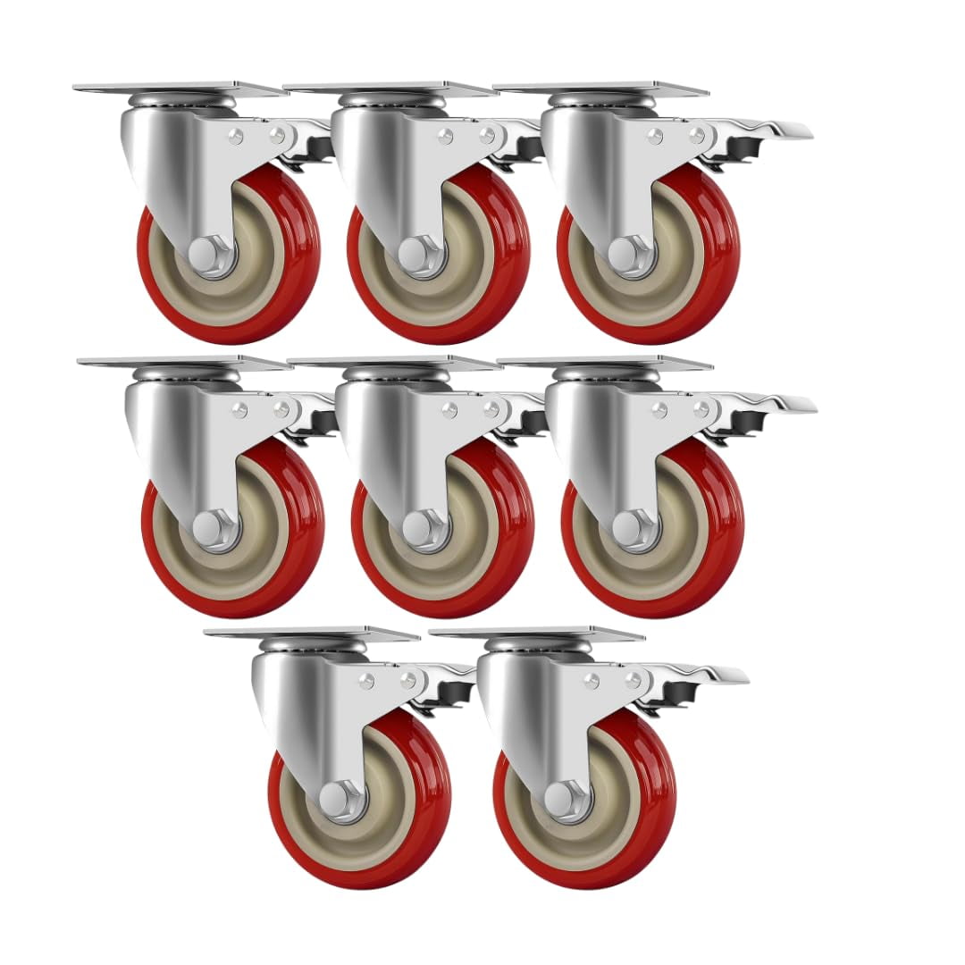 3 Inch Heavy Duty Swivel Casters with Brake – 8 Pack Red PU Wheels, 360 ...