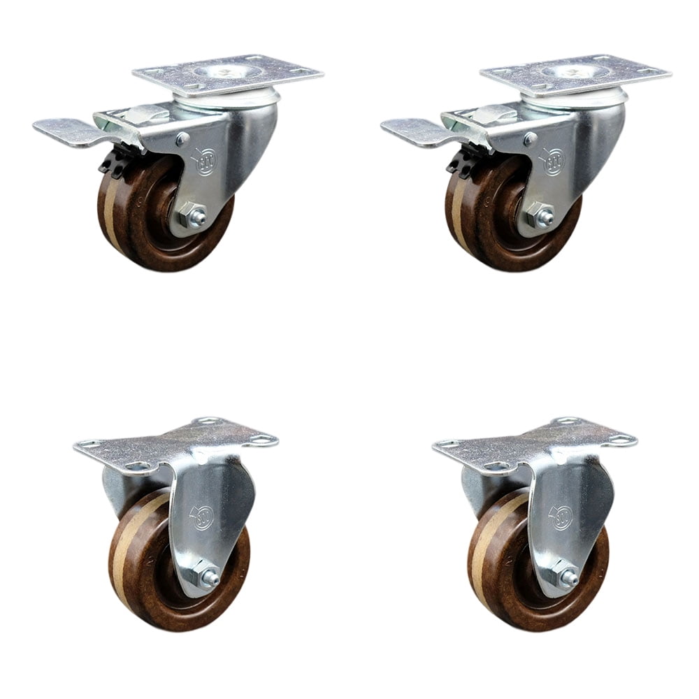 3 Inch High Temp Phenolic Swivel Top Plate Caster Set 2 Lock Brakes 2 ...