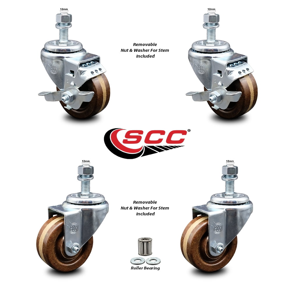 3 Inch High Temp Phenolic Wheel Swivel 12mm Threaded Stem Caster Set 2 ...