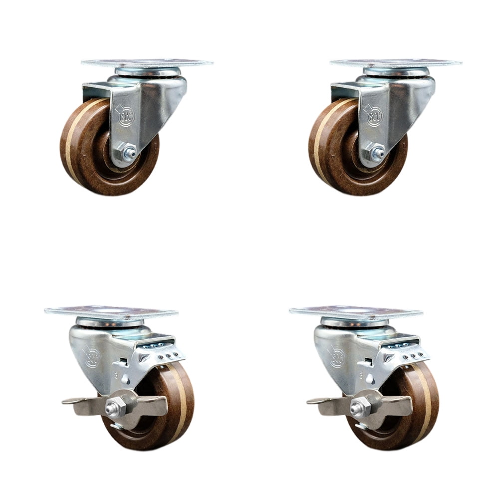 3 Inch High Temp Phenolic Wheel Swivel Top Plate Caster Set with 2 ...