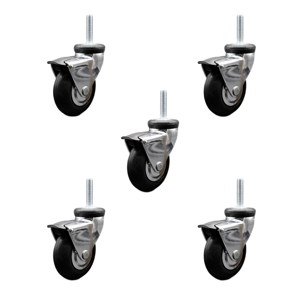 3 Inch Hooded Neoprene Rubber 8mm Threaded Stem Casters with Brakes Set ...