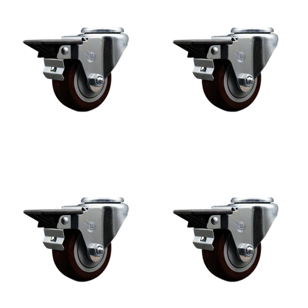 3 Inch Maroon Poly Wheel Swivel Bolt Hole Caster Set with Posi Lock ...