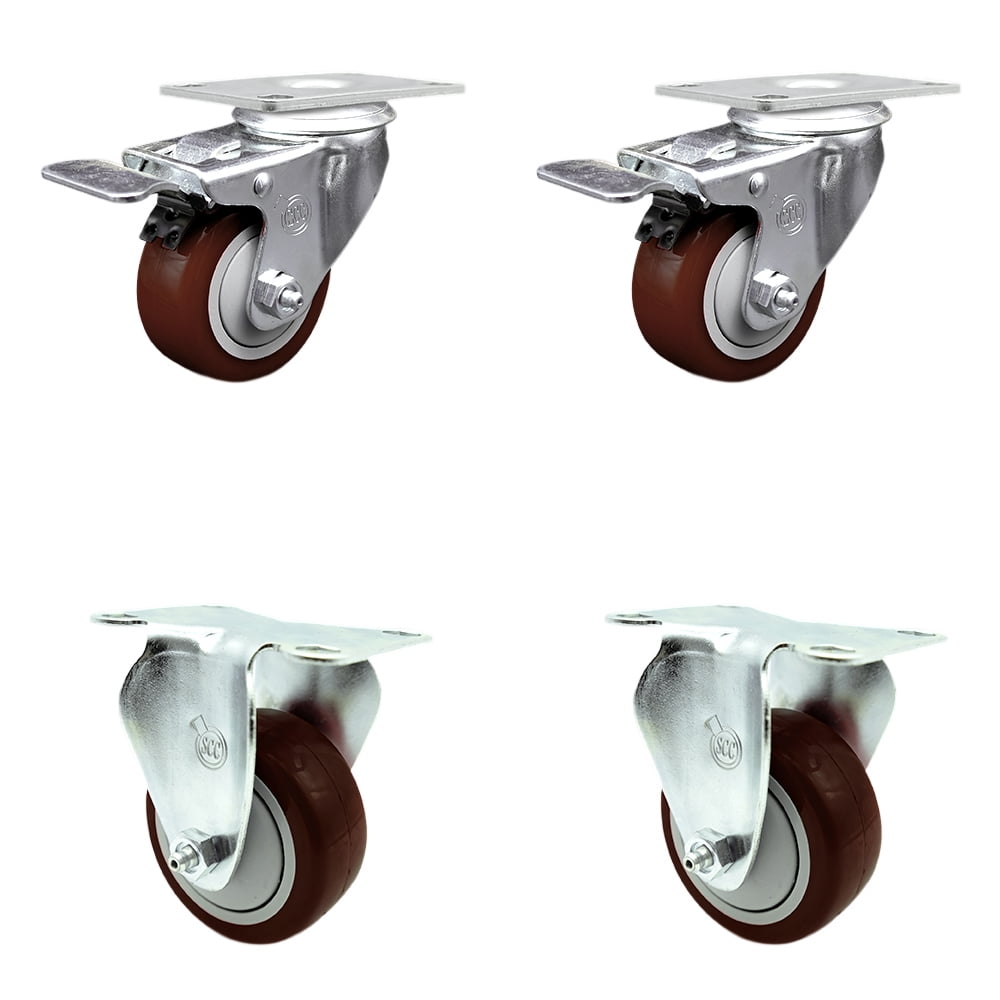 3 Inch Maroon Polyurethane Swivel Top Plate Caster Set 2 Lock Brakes 2 ...
