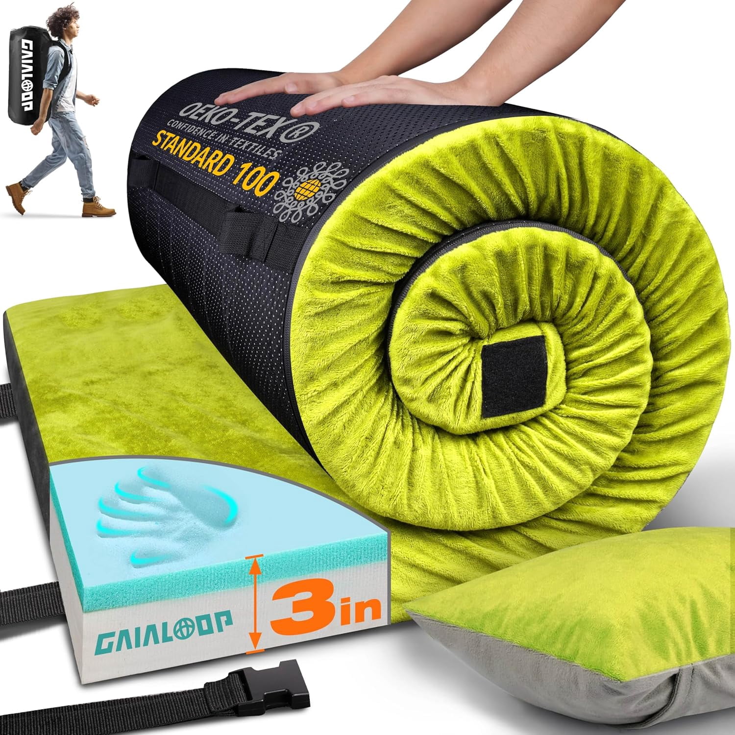 3 Inch Memory Foam Camping Mattress, Dual Layer Thick Sleeping Camp Pad ...