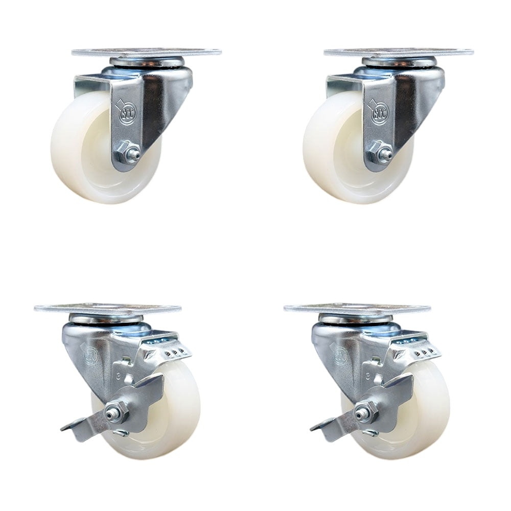 3 Inch Nylon Wheel Swivel Top Plate Caster Set with 2 Brakes Service ...