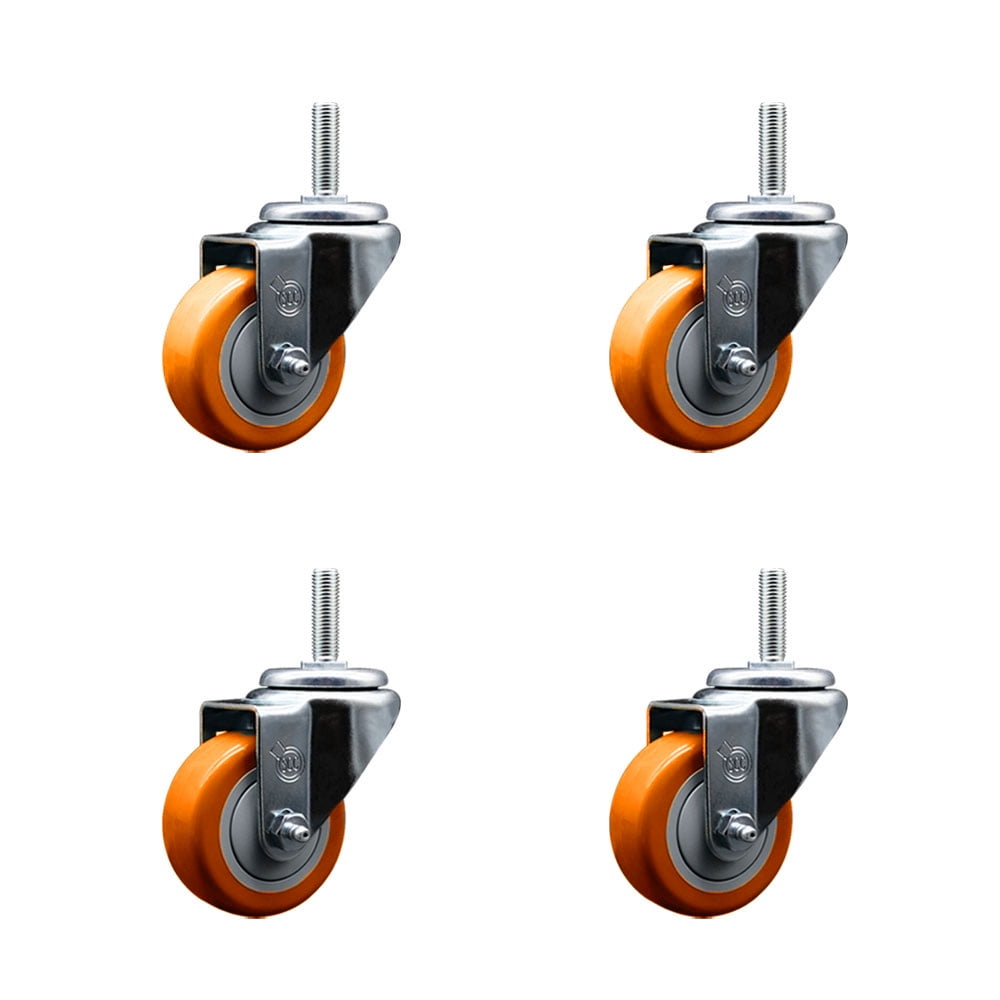 3 Inch Orange Poly Wheel Swivel 3/4 Inch Threaded Stem Caster Set ...