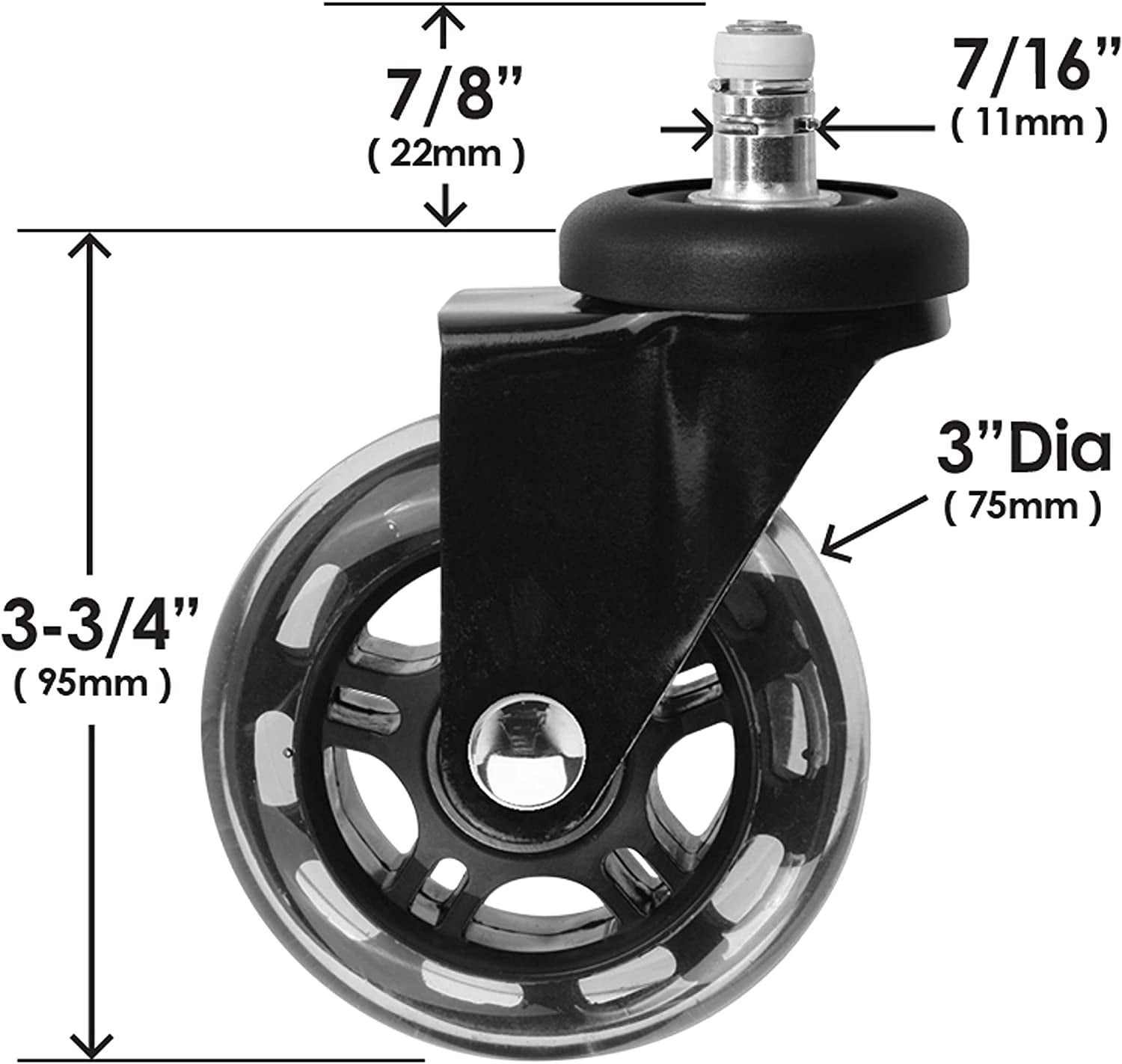 3 Inch Premium Rubber Office Chair Caster Wheels - Fit for Hard Floors ...
