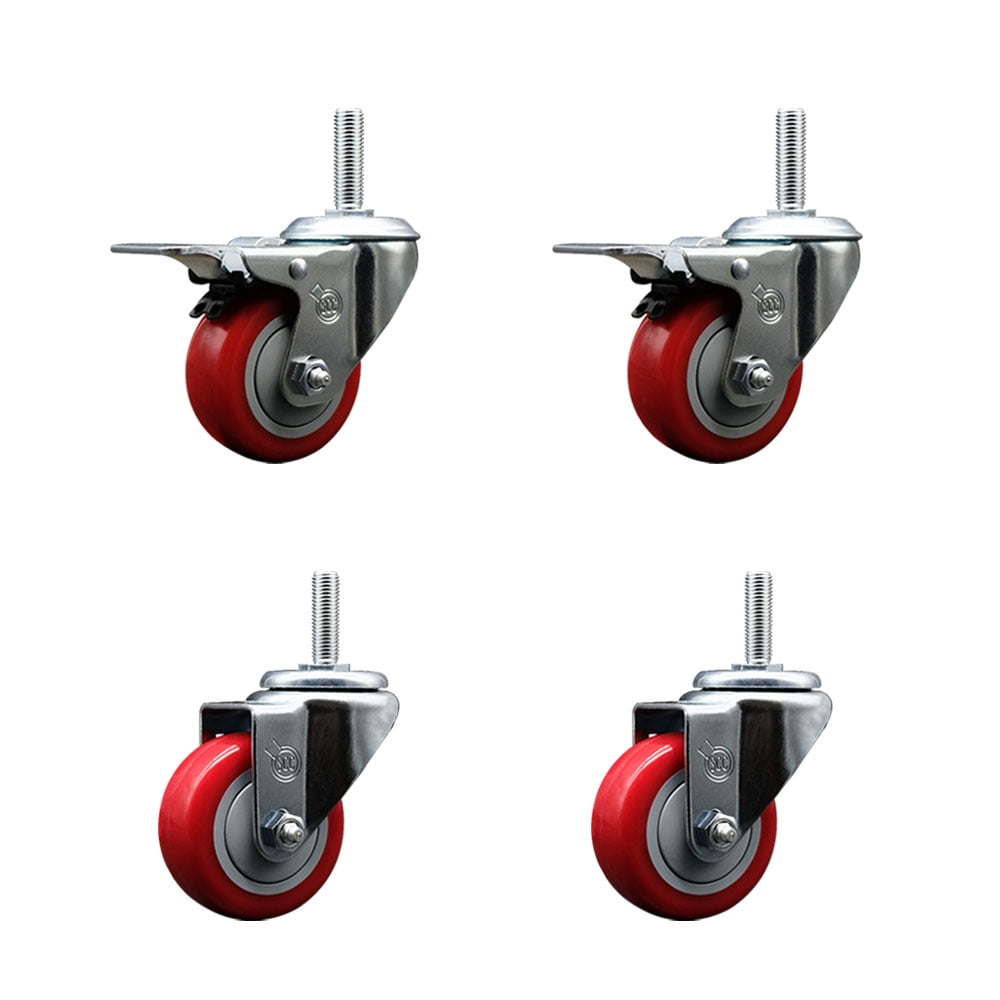 3 Inch Red Poly Swivel 3/4 Inch Threaded Stem Caster Set 2 Total Lock ...