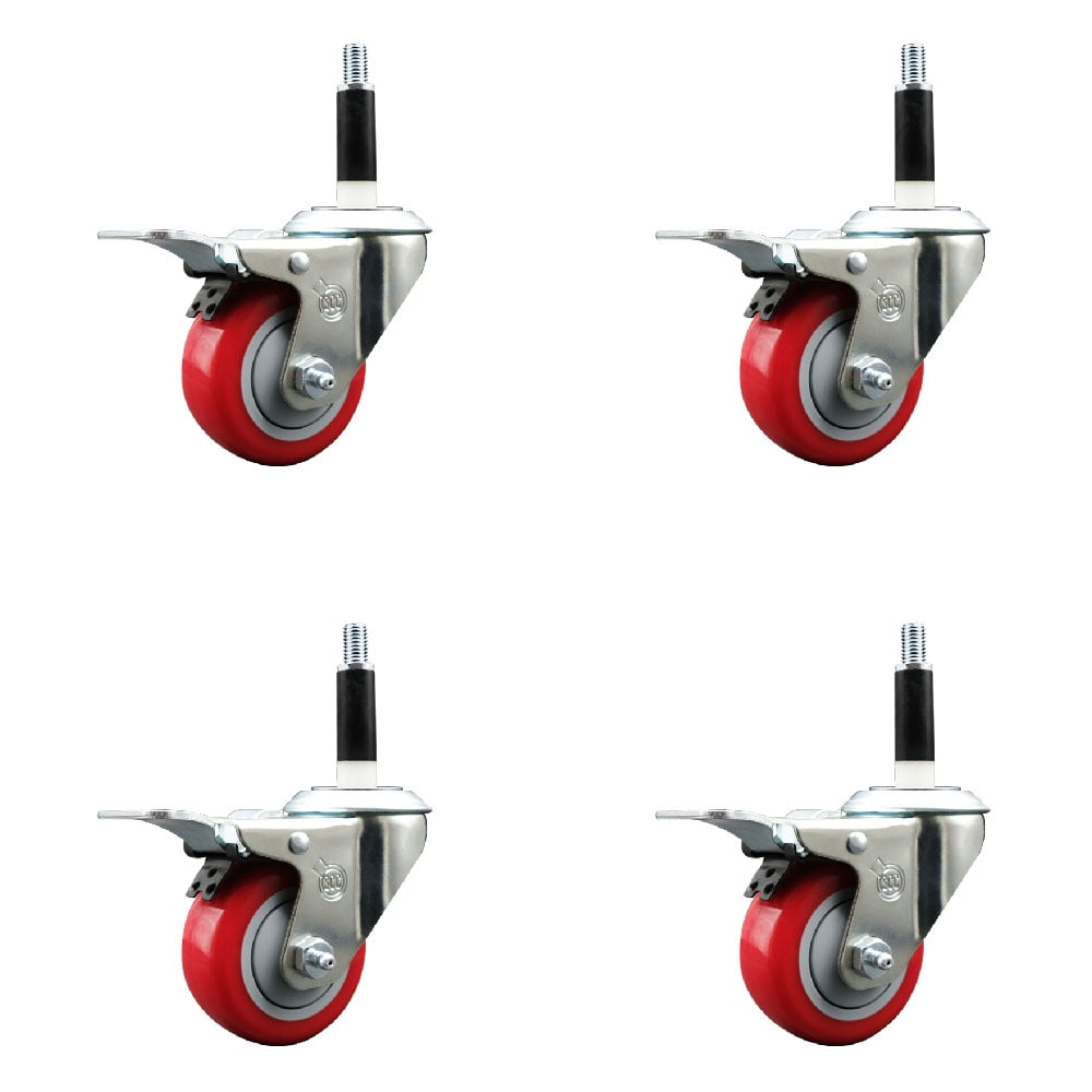 3 Inch Red Poly Swivel 7/8 Inch Expanding Stem Caster Set Total Lock ...