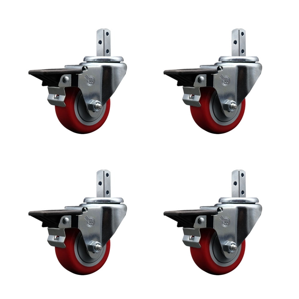 3 Inch Red Poly Wheel Swivel 3/4 Inch Square Stem Caster Set with Brake ...
