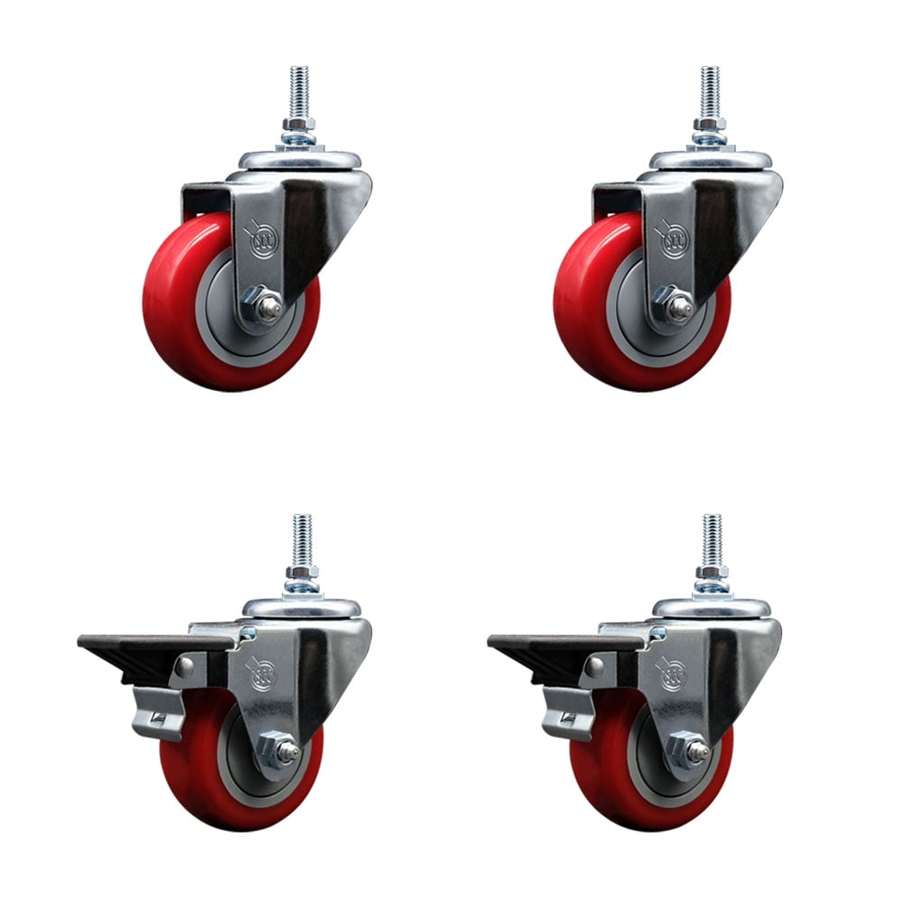 3 Inch Red Polyurethane 12MM Threaded Stem Caster Set 2 Brakes SCC ...