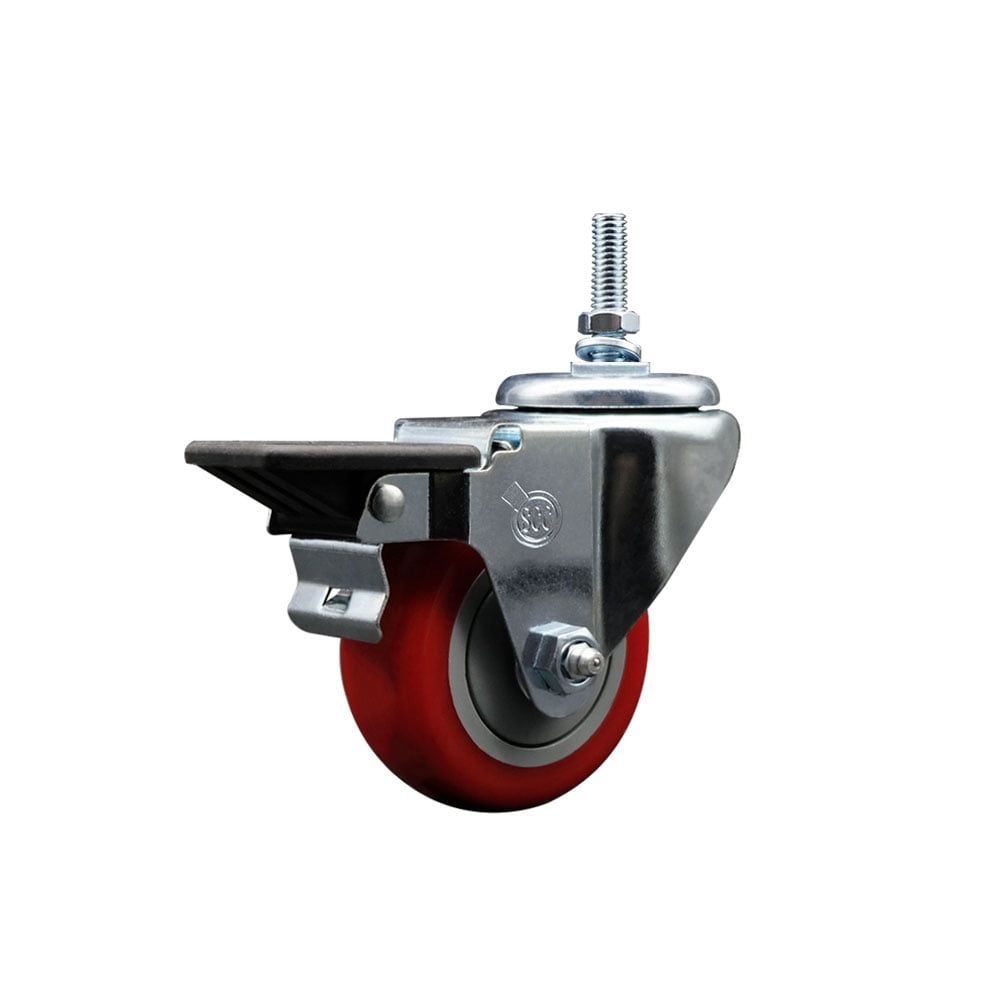 3 Inch Red Polyurethane 3/8 Inch Threaded Stem Caster with Brake ...