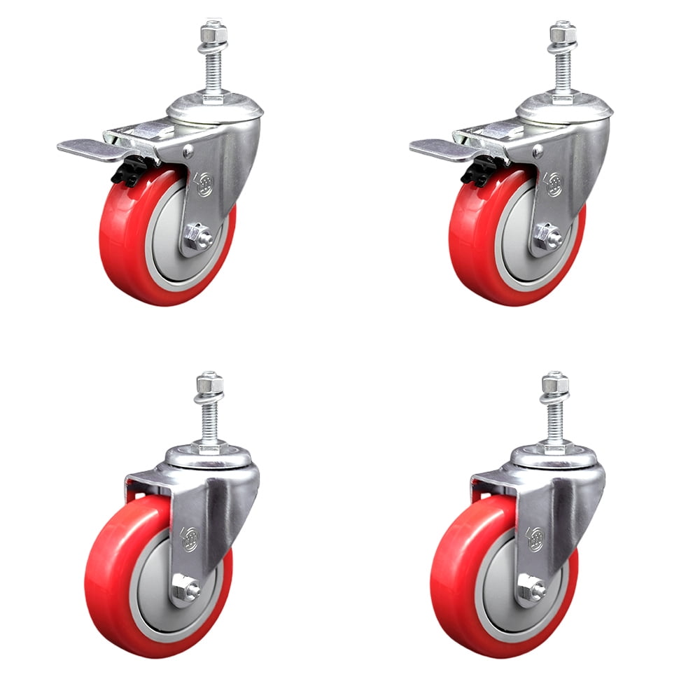 3 Inch Red Polyurethane Swivel 3/8 Inch Stem Caster Set 2 Total Lock ...
