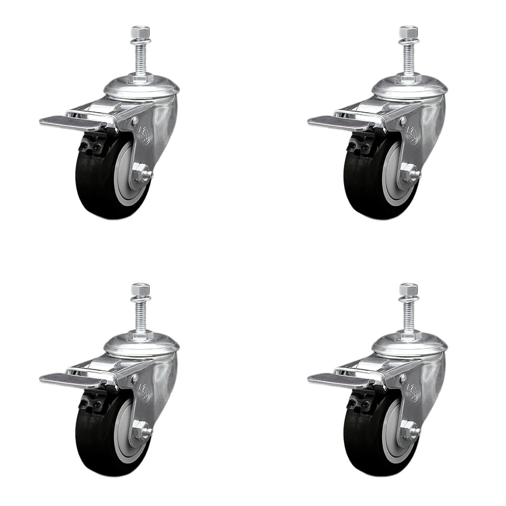 3 Inch SS Black Polyurethane 10mm Threaded Stem Caster Set Total Lock ...