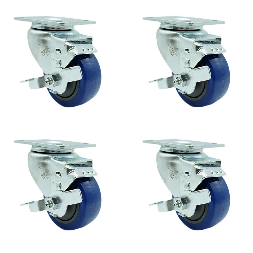 3 Inch SS Blue Polyurethane Swivel Top Plate Caster Set with Brake SCC ...