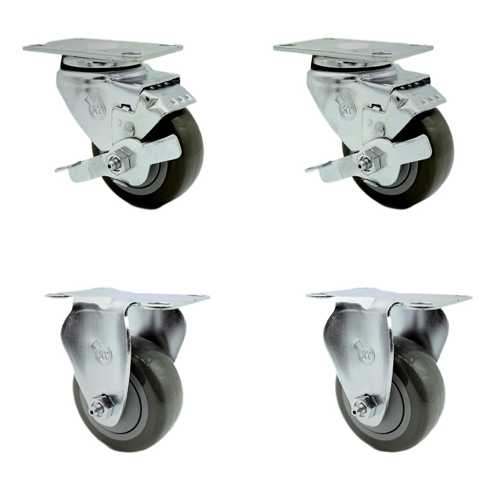 3 Inch SS Gray Polyurethane Top Plate Caster Set with 2 Brake 2 Rigid ...