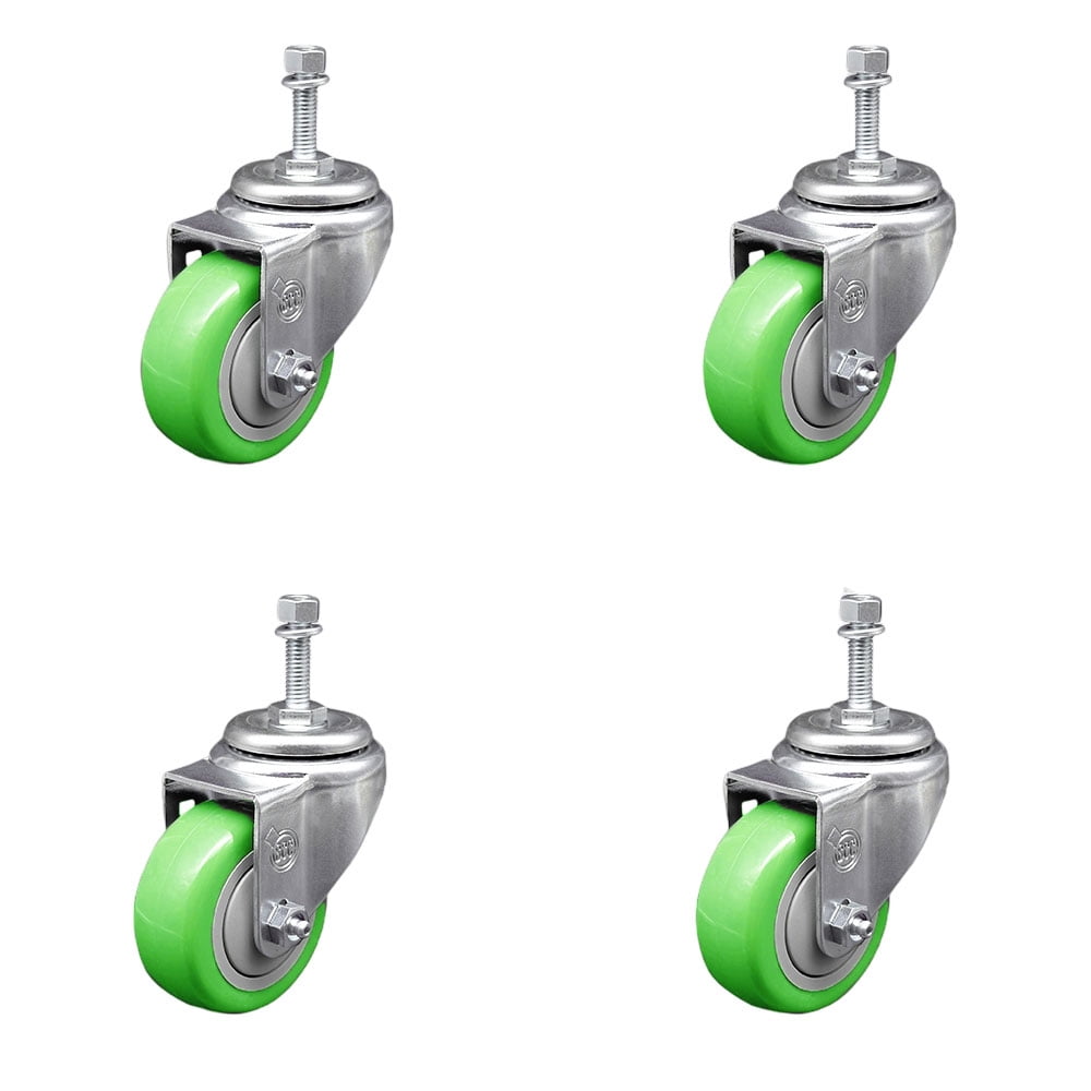 3 Inch SS Green Polyurethane Wheel Swivel 10mm Threaded Stem Caster Set ...