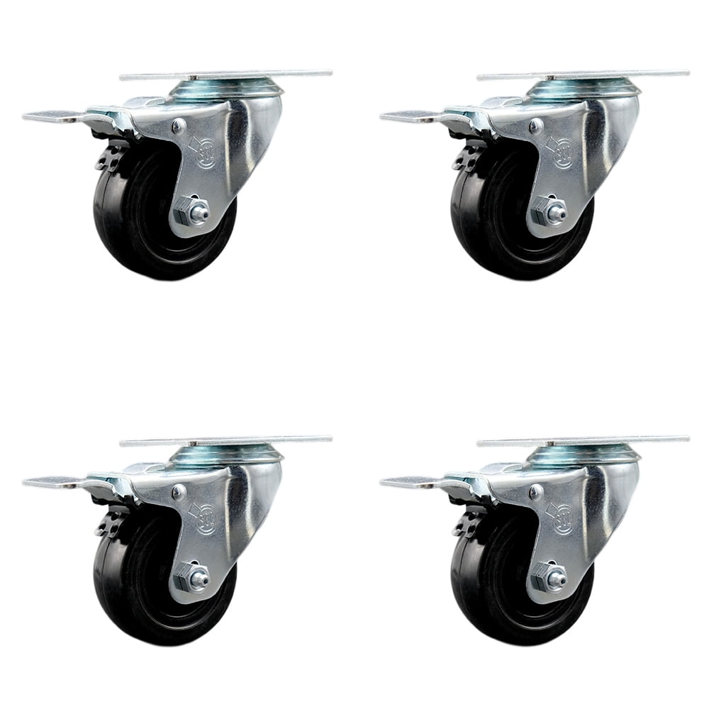 3 Inch SS Hard Rubber Wheel Swivel Top Plate Caster Set with Total Lock ...