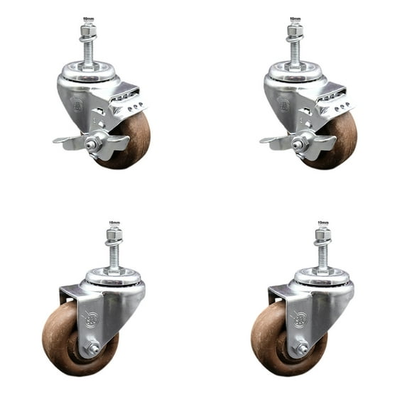 3 Inch SS High Temp Glass Filled Nylon 10mm Threaded Stem Caster Set 2 ...