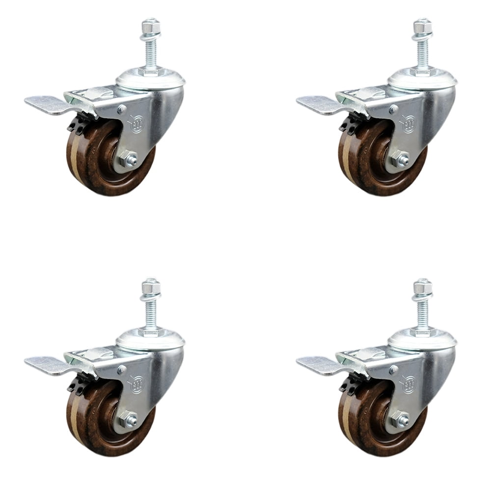 3 Inch SS High Temp Phenolic 10mm Threaded Stem Caster Set Total Lock ...