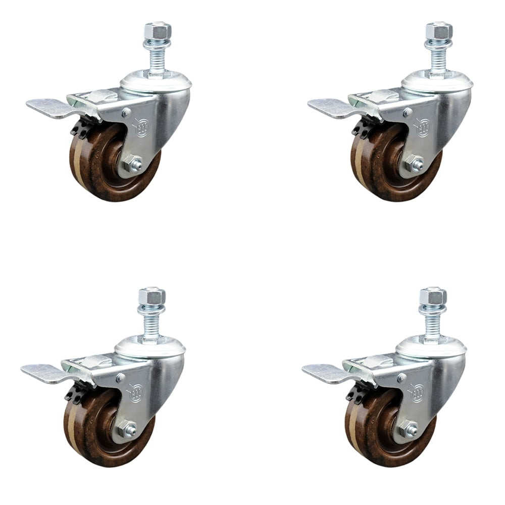 3 Inch SS High Temp Phenolic 12mm Threaded Stem Caster Set Total Lock ...