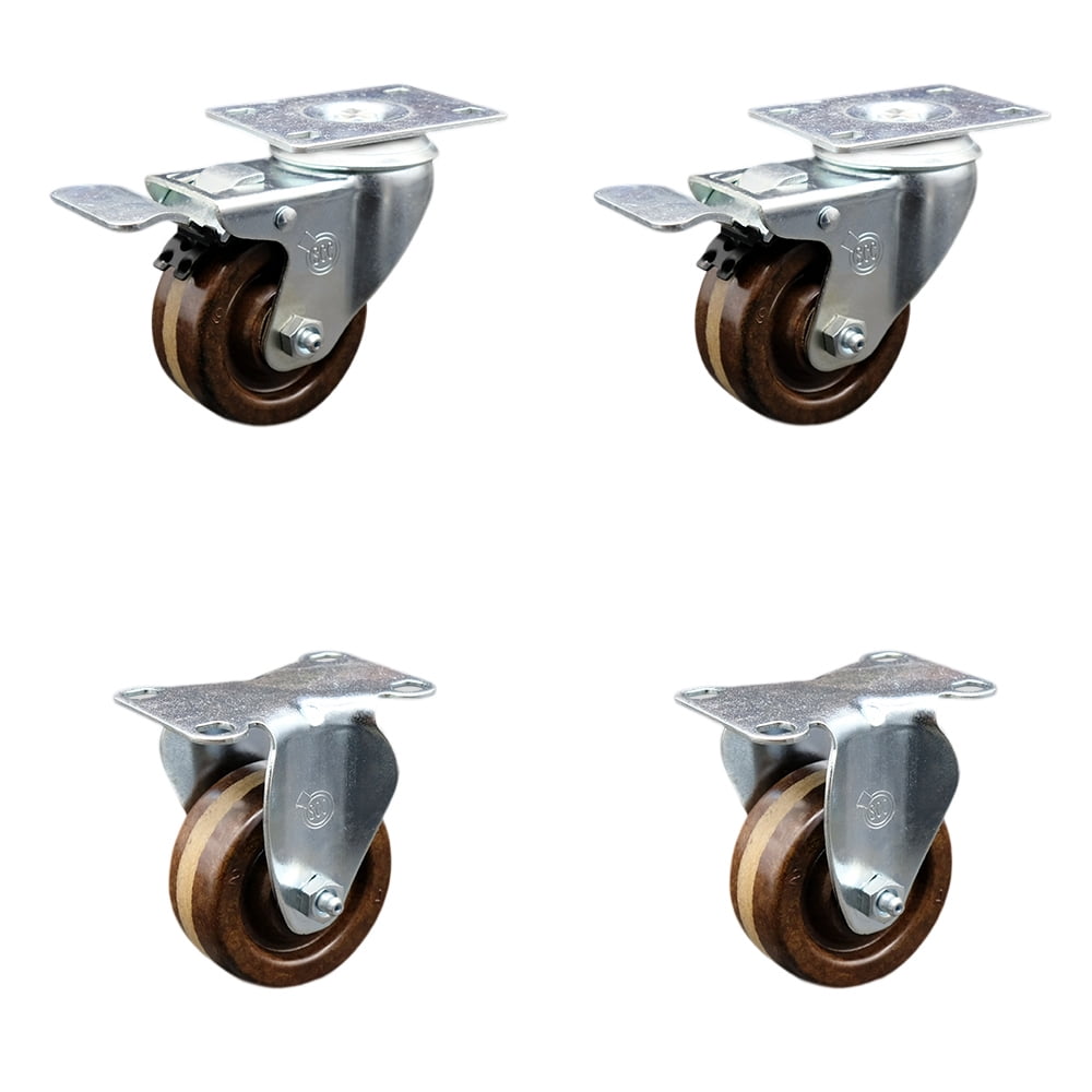 3 Inch SS High Temp Phenolic Top Plate Caster Set 2 Lock Brake 2 Rigid ...