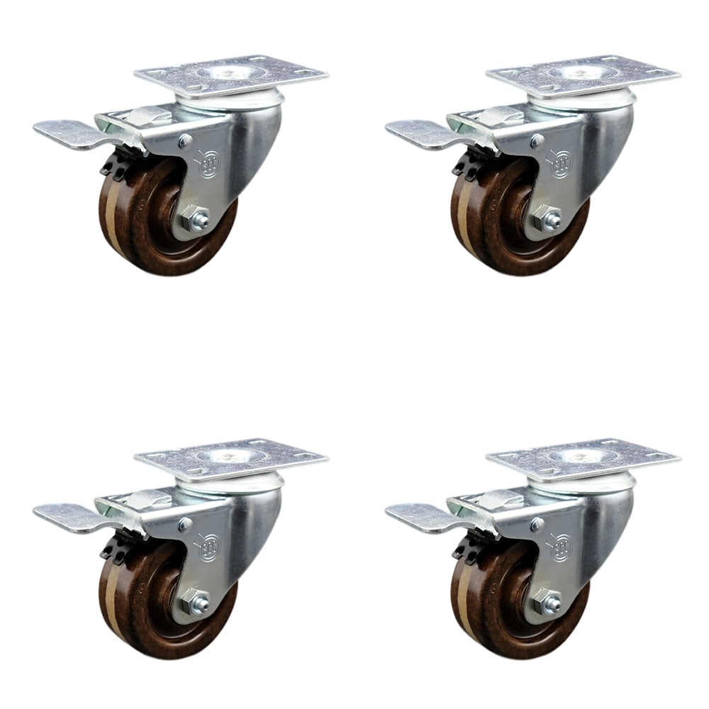 3 Inch SS High Temp Phenolic Top Plate Caster Set Total Lock Brake SCC ...