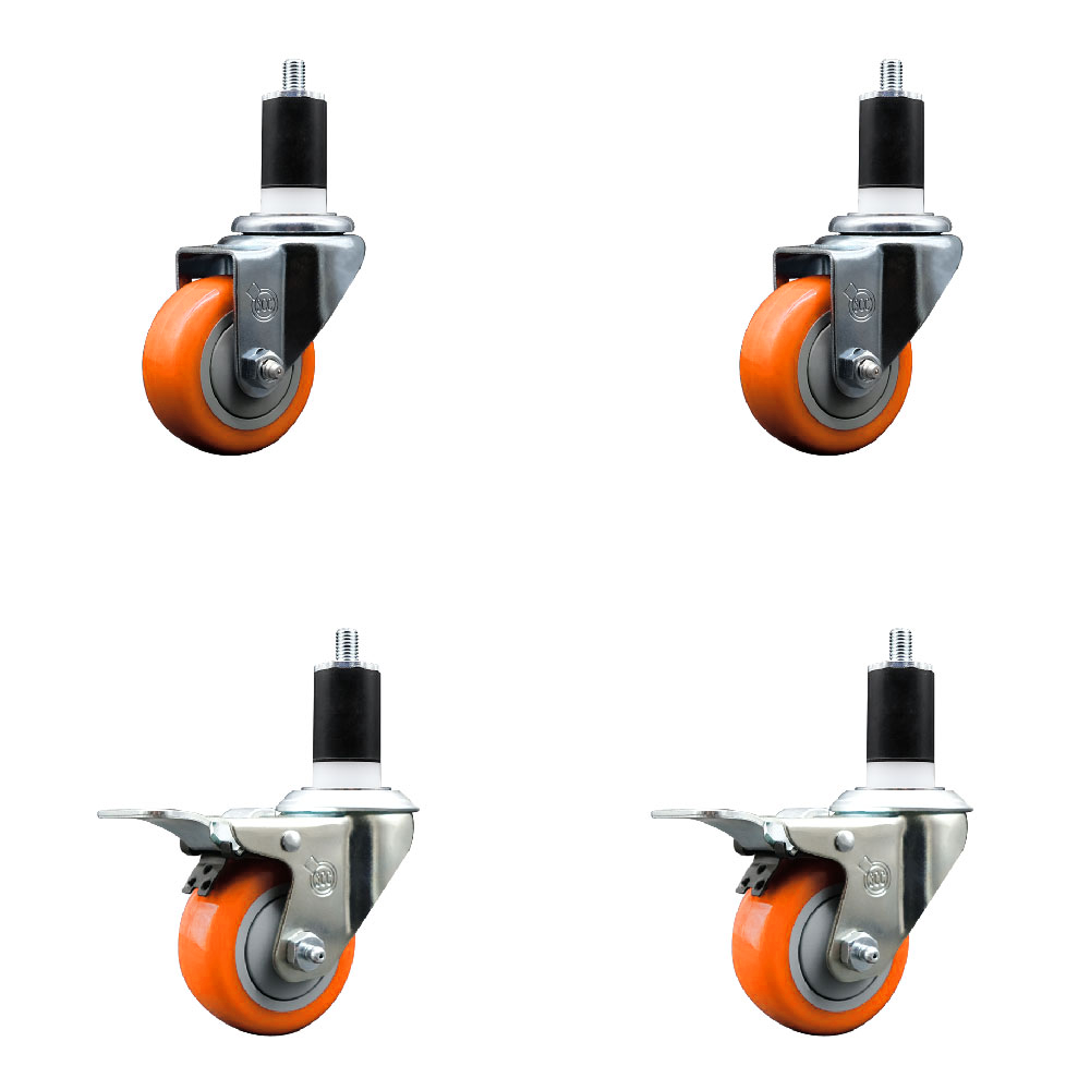 3 Inch SS Orange Poly Swivel 1-1/2 Inch Expanding Stem Caster Set 2 ...