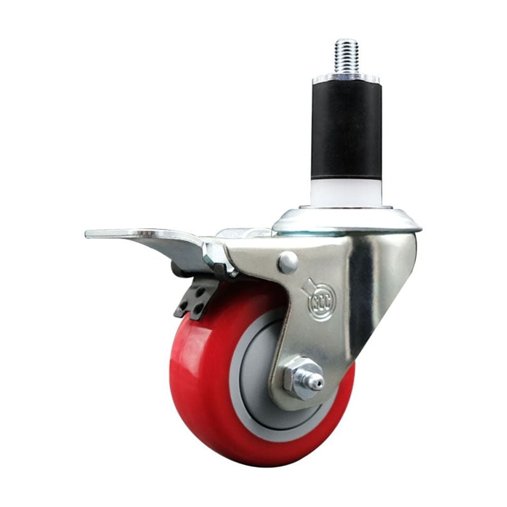 3 Inch SS Red Poly Swivel 1-1/2 Inch Expanding Stem Caster Total Lock ...