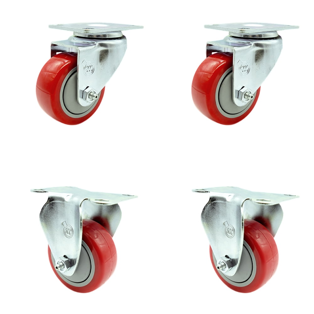 3 Inch SS Red Polyurethane Swivel Top Plate Caster Set with 2 Rigid SCC ...