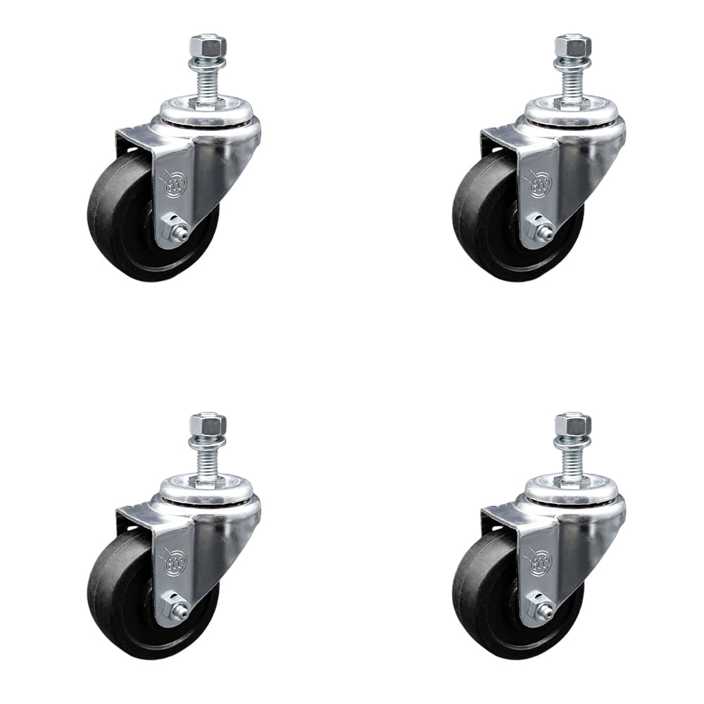 3 Inch SS Soft Rubber Wheel Swivel 3/8 Inch Threaded Stem Caster Set ...