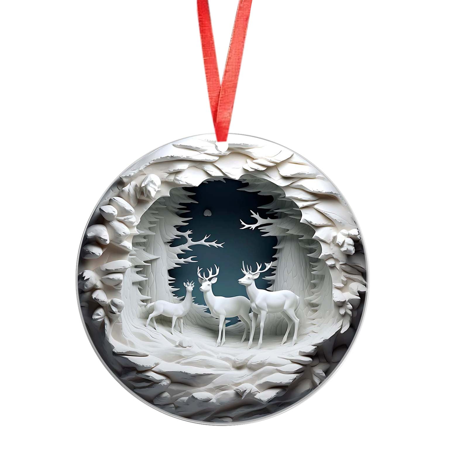 3 Inch Snowy Forest Christmas Ornament, 2D Charming Deer-shaped, Red ...