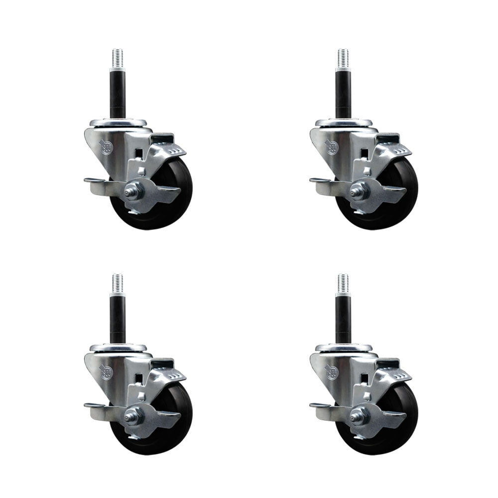 3 Inch Soft Rubber Swivel 3/4 Inch Expanding Stem Caster Set with Brake ...