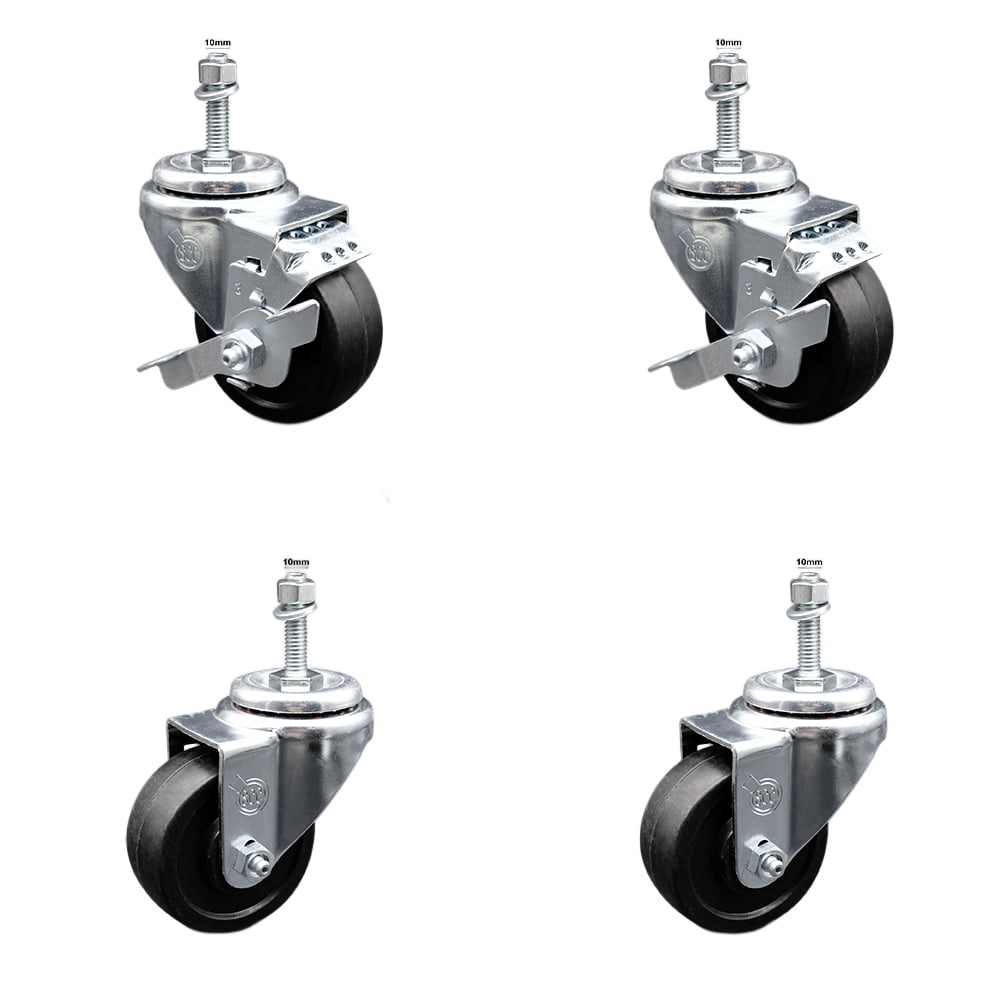 3 Inch Soft Rubber Wheel Swivel 10mm Threaded Stem Caster Set 2 Brakes ...