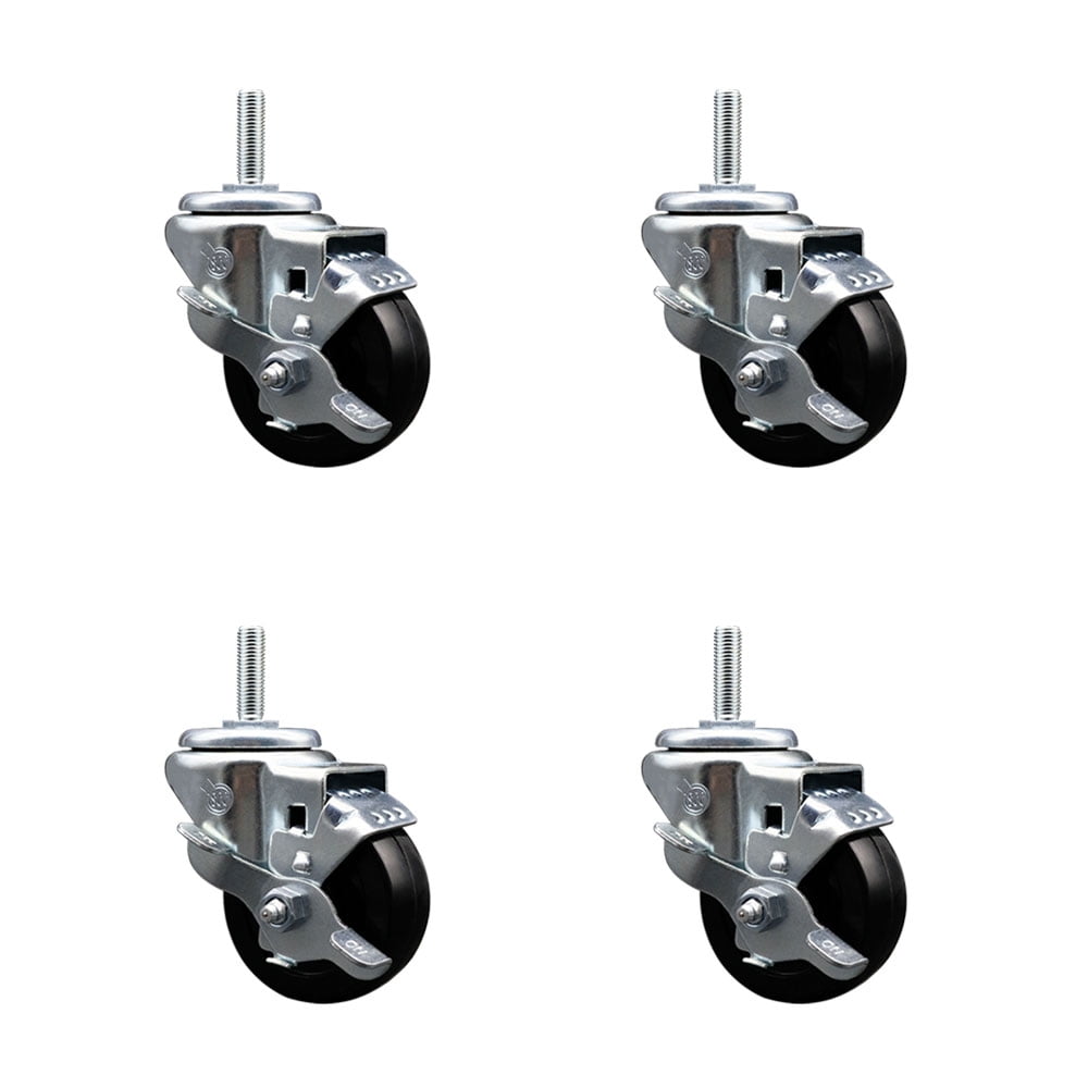 3 Inch Soft Rubber Wheel Swivel 3/4 Inch Threaded Stem Caster Set with ...