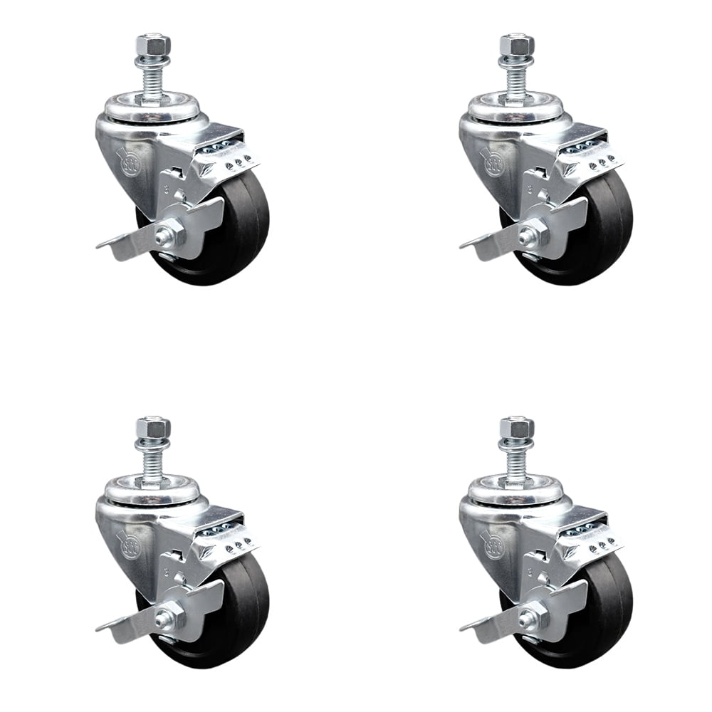 3 Inch Soft Rubber Wheel Swivel 3/8 Inch Threaded Stem Caster Set with ...