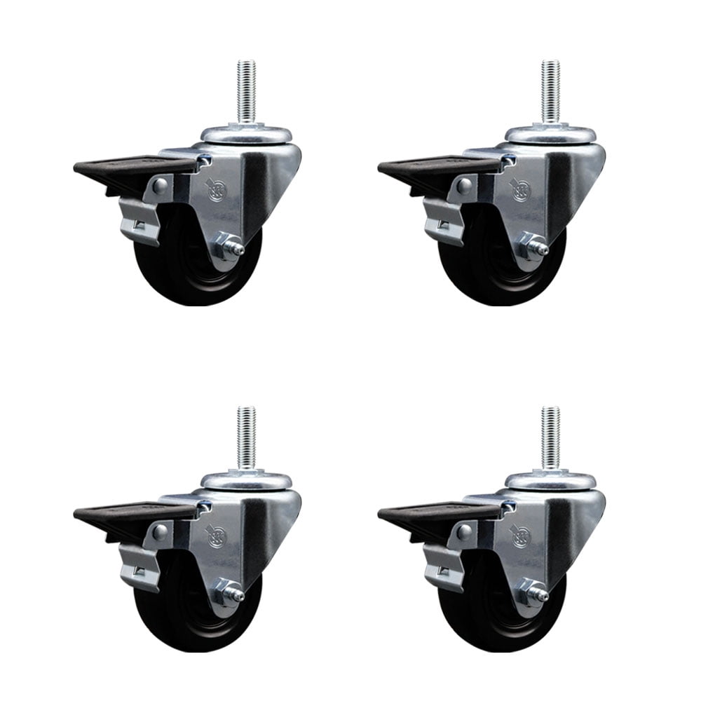 3 Inch Soft Rubber Wheel Swivel 5/8 Inch Threaded Stem Caster Set with ...