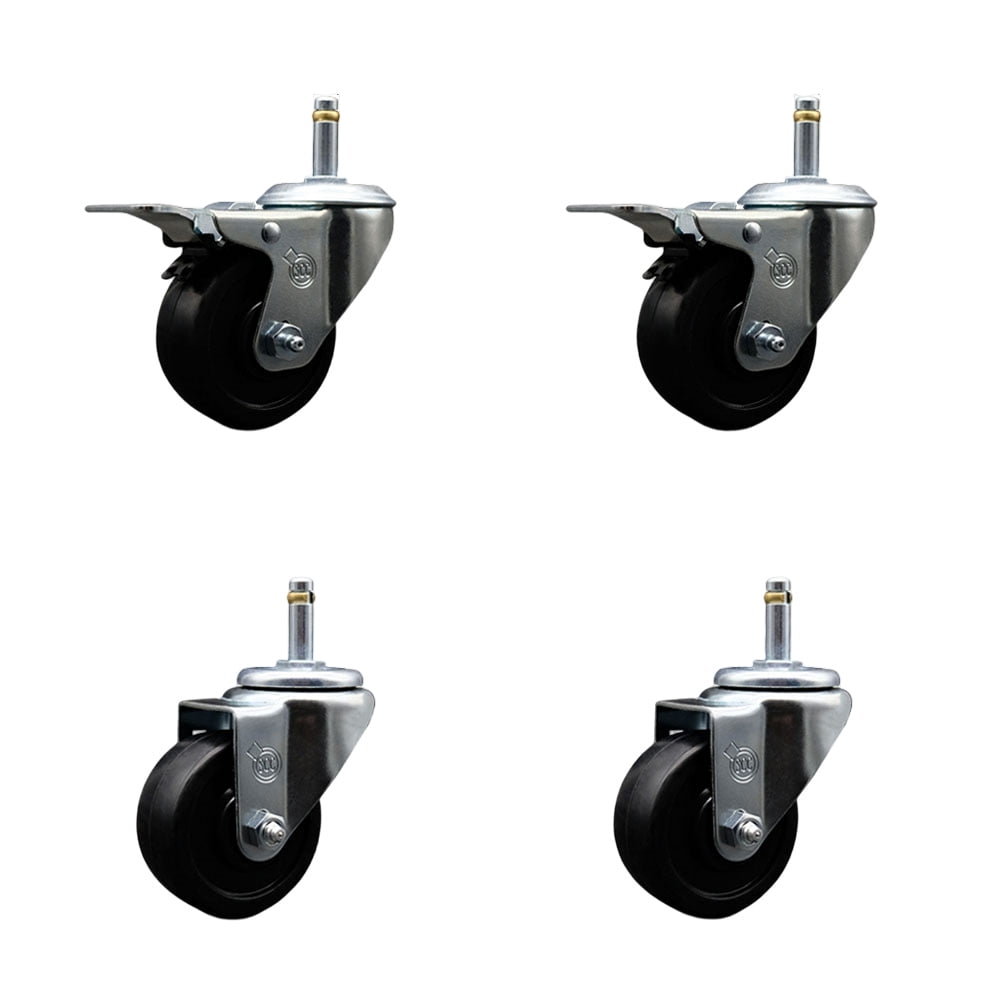 3 Inch Soft Rubber Wheel Swivel 7/16 Inch Stem Caster Set 2 Total Lock ...