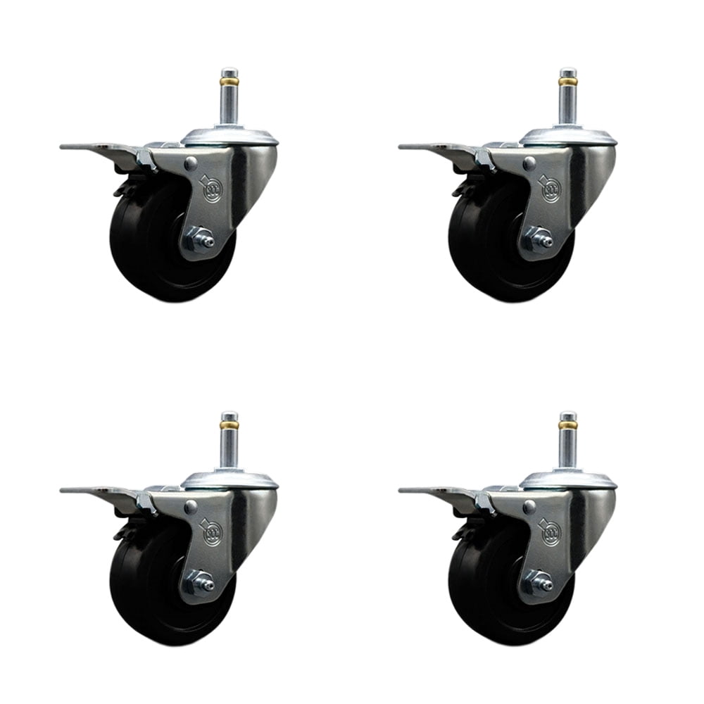 3 Inch Soft Rubber Wheel Swivel 7/16 Inch Stem Caster Set with Total ...