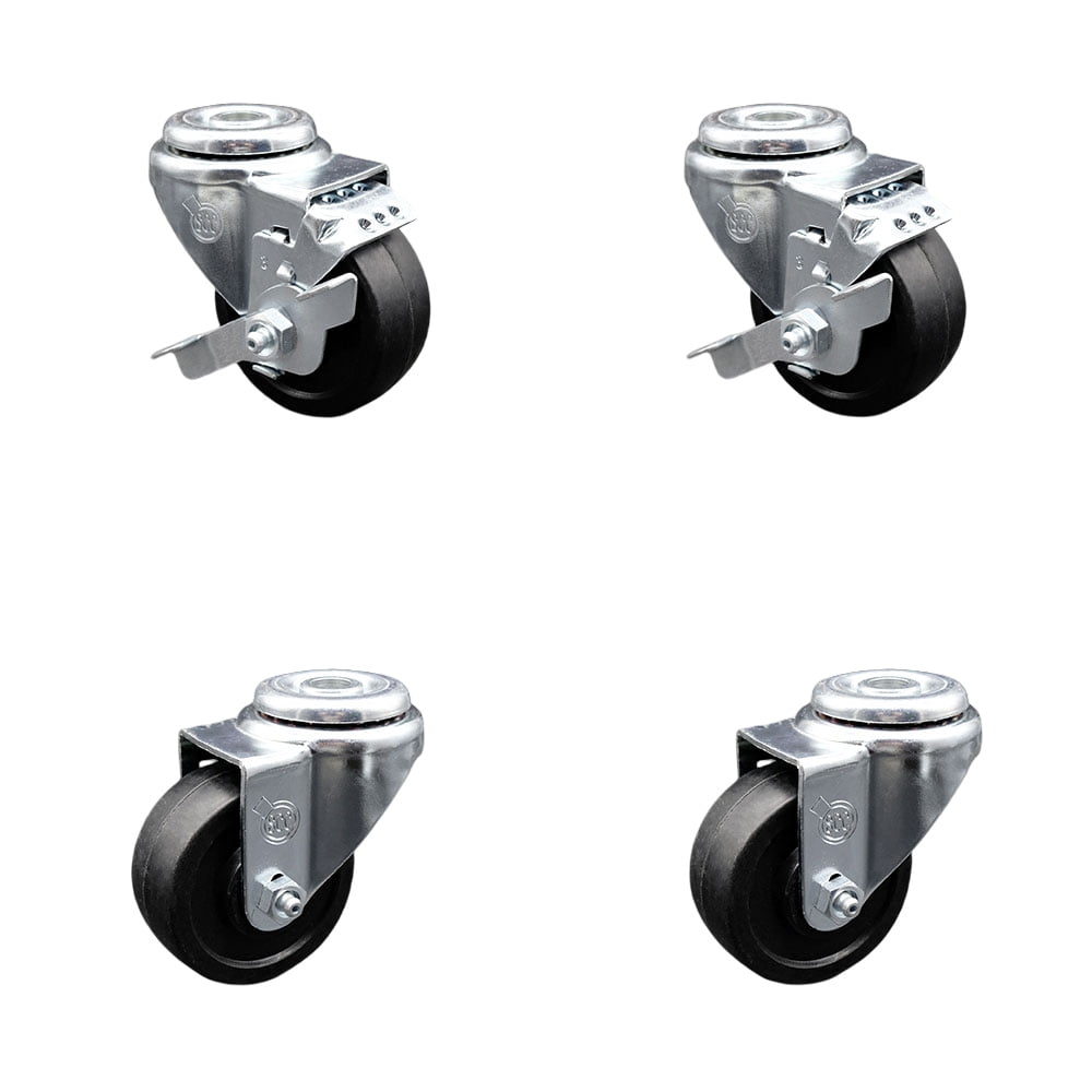 3 Inch Soft Rubber Wheel Swivel Bolt Hole Caster Set with 2 Brake ...