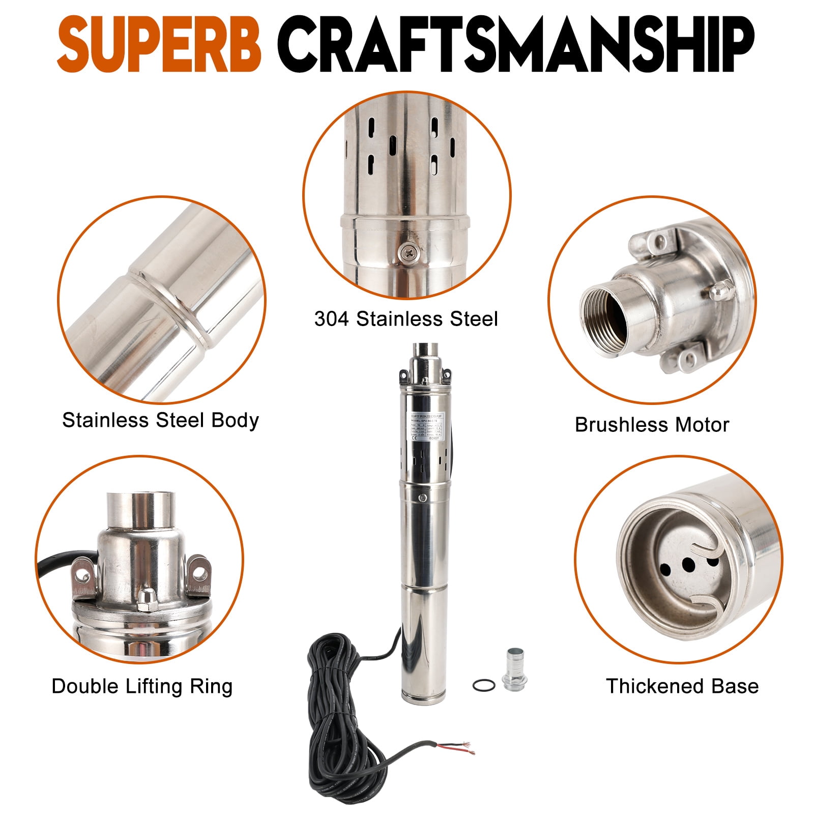 3-Inch Solar Bore Pump, 48V 750W, MPPT Screw, Submersible, Deep Well ...