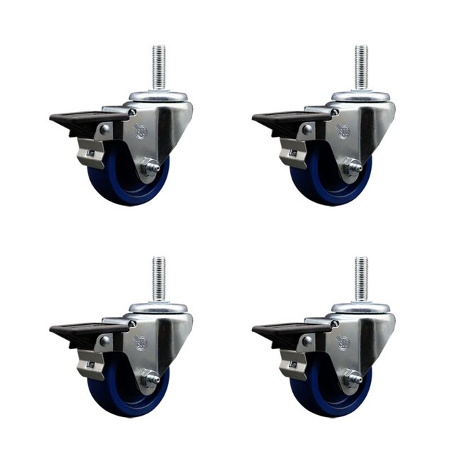 3 Inch Solid Poly Wheel Swivel 5/8 Inch Threaded Stem Caster Set with ...