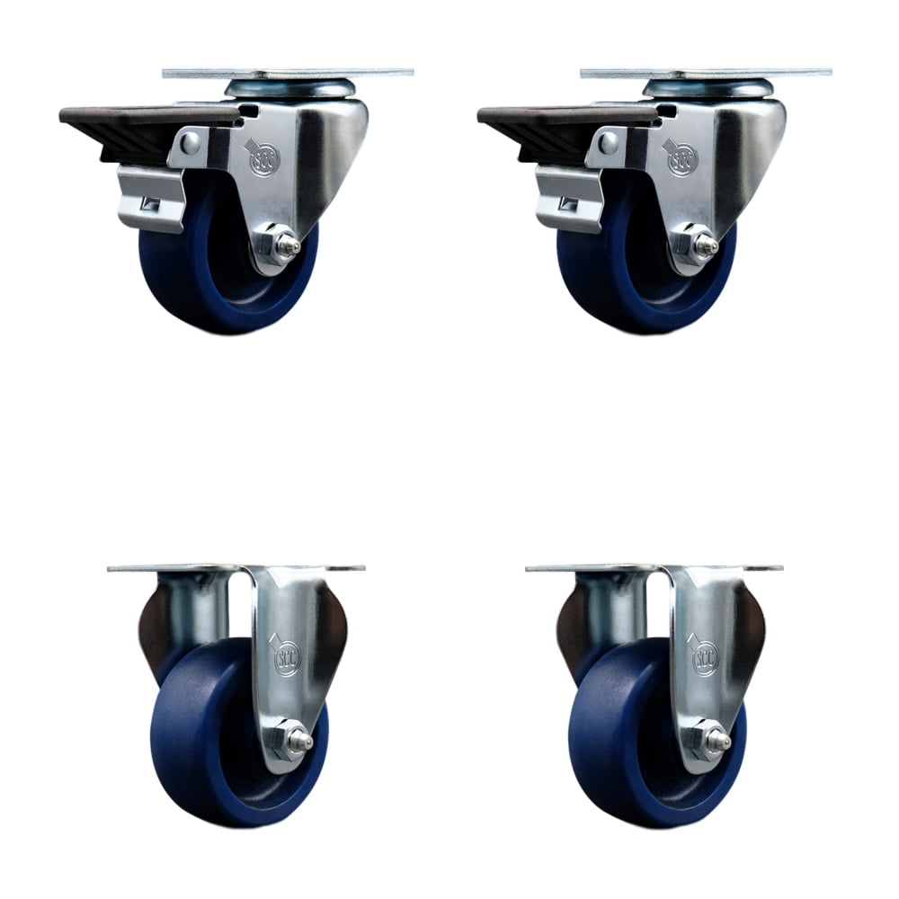 3 Inch Solid Poly Wheel Swivel Top Plate Caster Set with 2 Posi Brakes ...