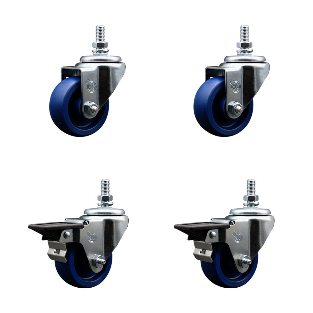 3 Inch Solid Polyurethane 10MM Threaded Stem Caster Set 2 Brakes SCC ...